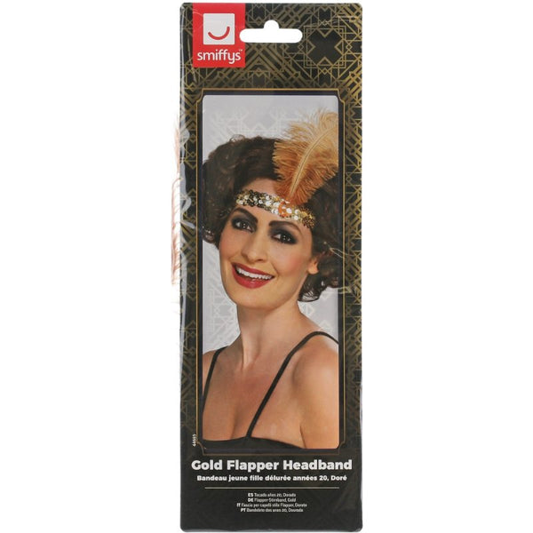 Gold Flapper Headband – 1920s Sequin & Feather – Cracker Jack Costumes ...